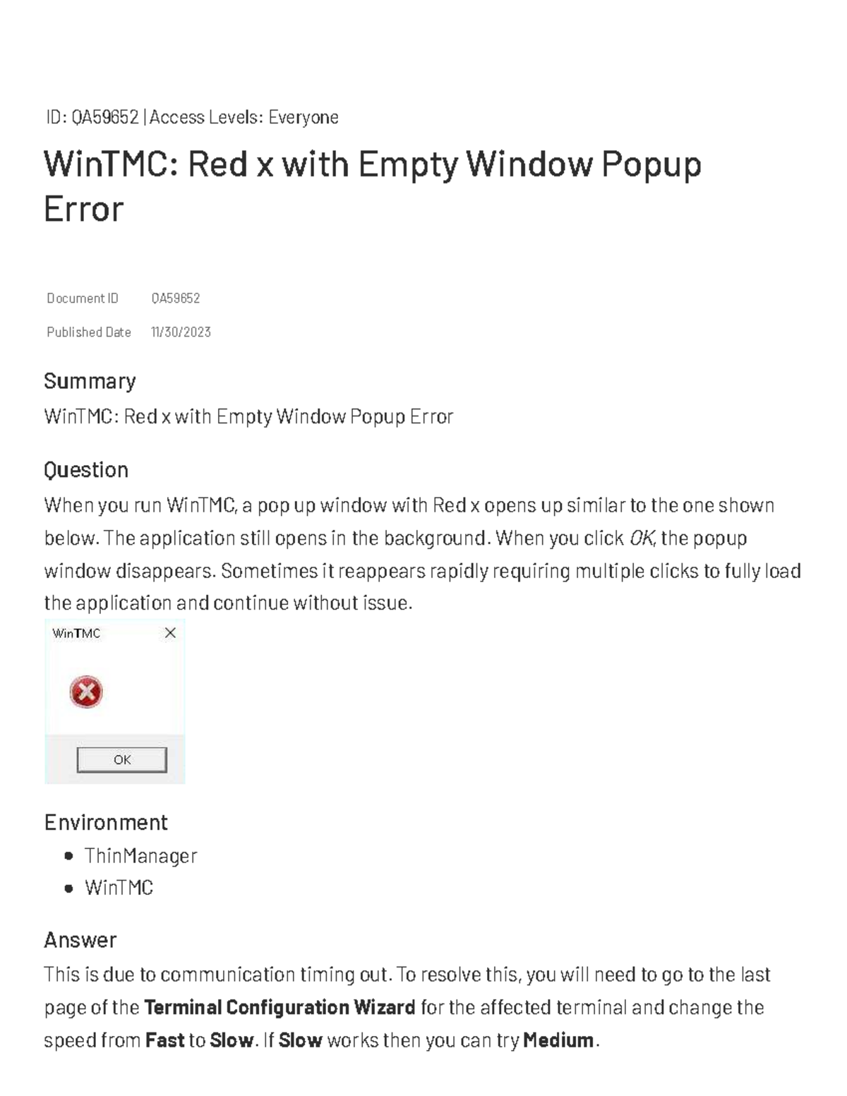 QA59652 - WinTMC Red X Popup Error Troubleshooting Guide - Studocu