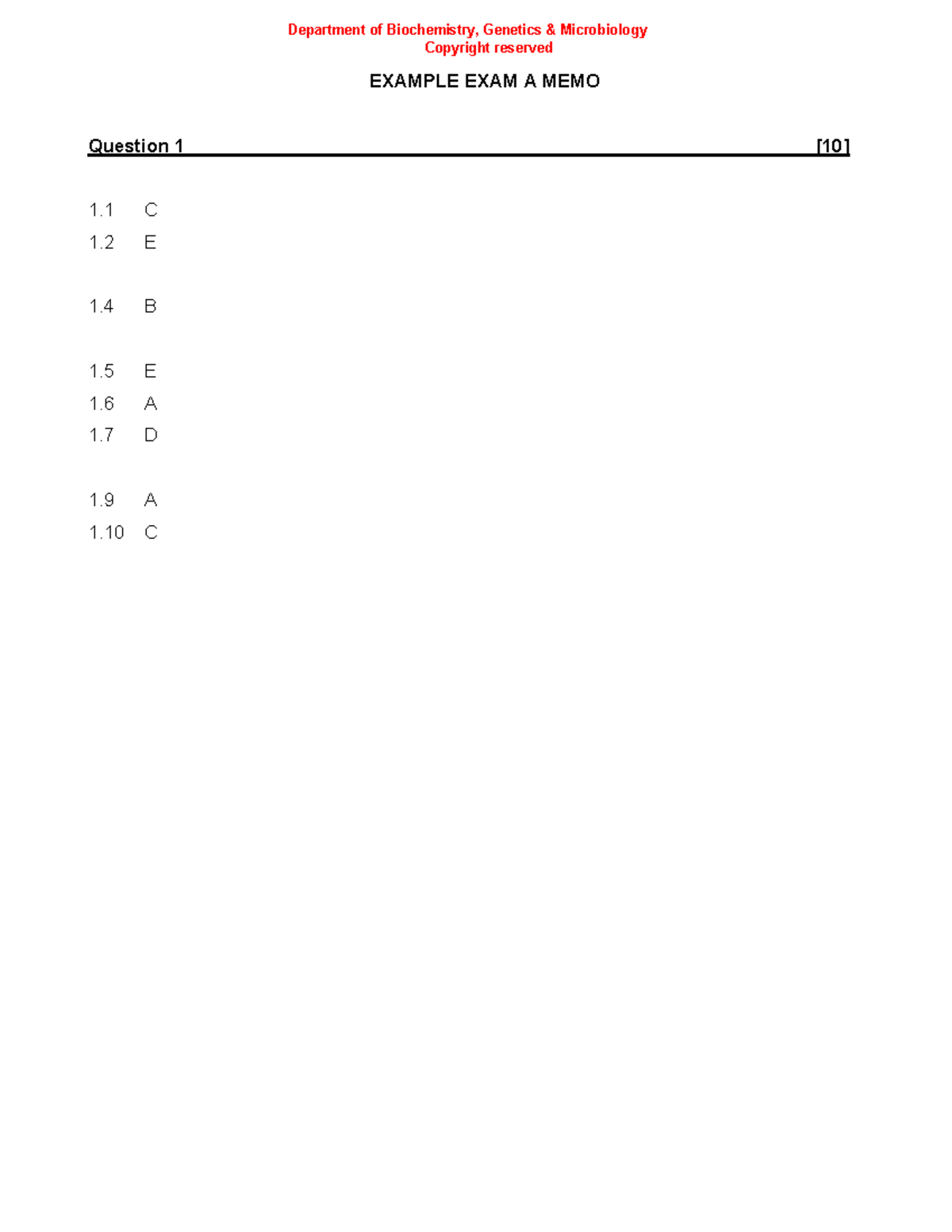 Example Exam A Memo - Biochemistry, Genetics & Microbiology - Studocu