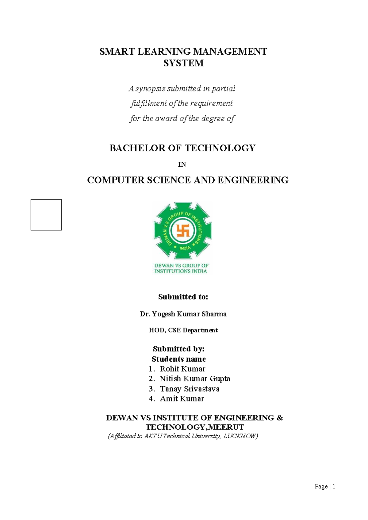 SMART LEARNING MANAGEMENT SYSTEM: Project Synopsis for B.Tech CSE - Studocu