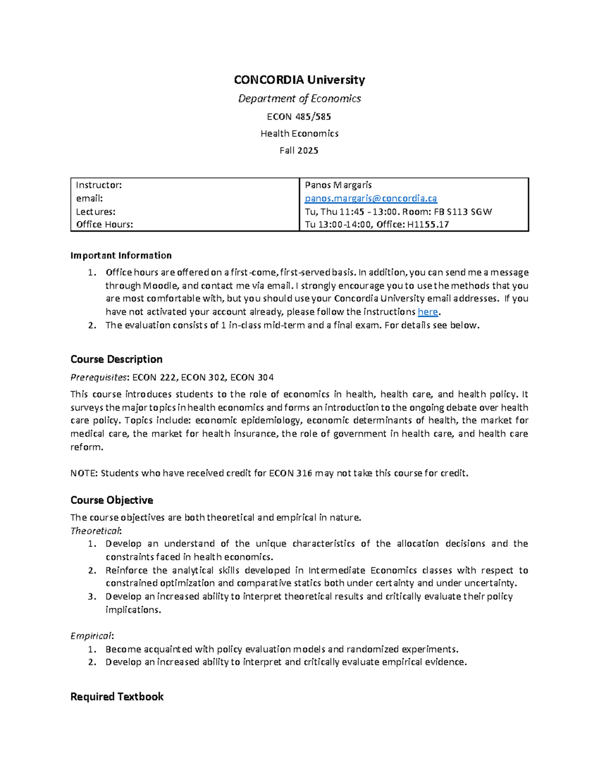 ECON 485 - Health Economics Course Outline - Fall 2025 - Studocu