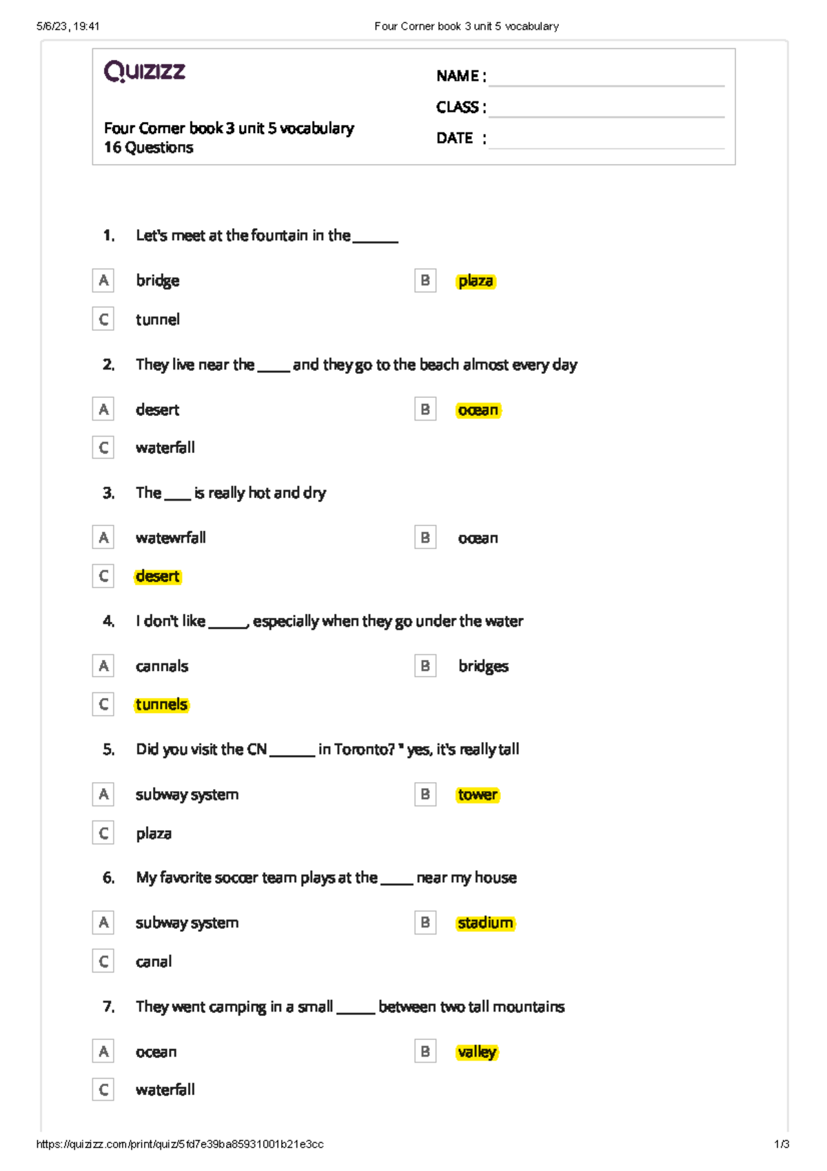 Unit 5 Vocabulary Review - Four Corners 3A Quiz Prep - Studocu