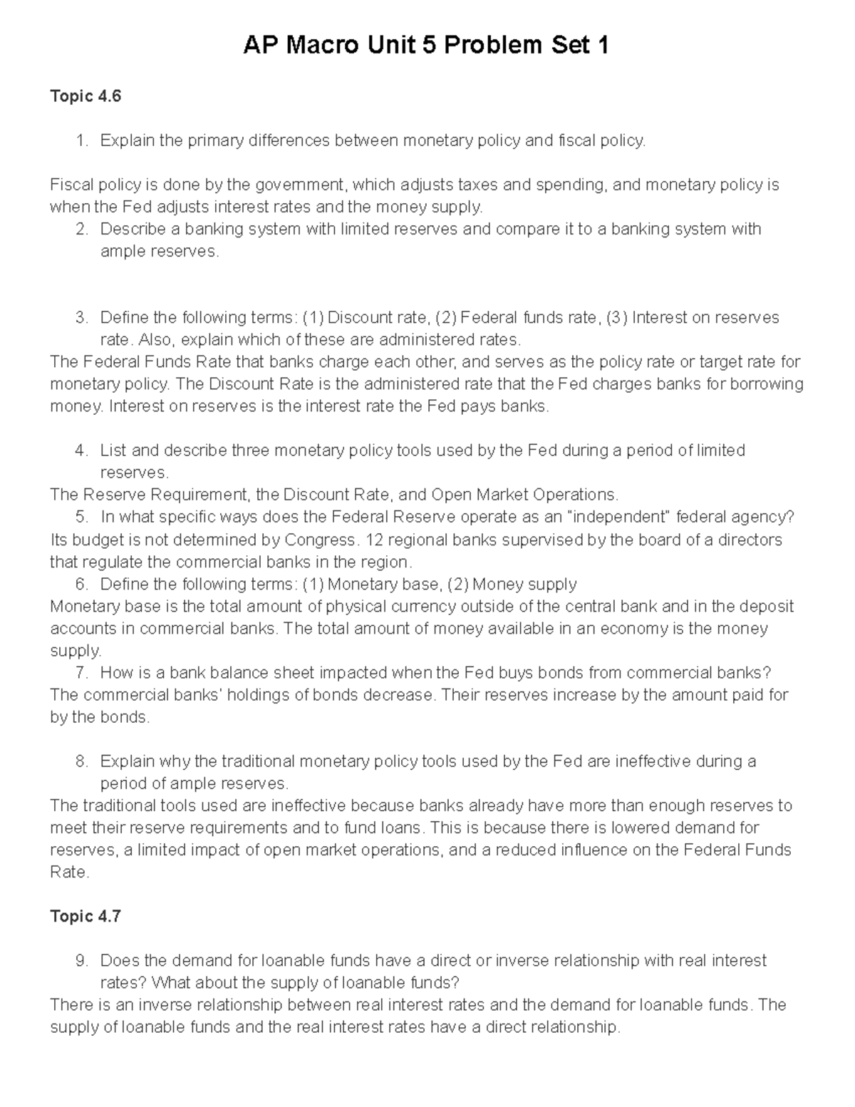 AP Macro Unit 5 Problem Set 1: Monetary vs. Fiscal Policy Analysis ...