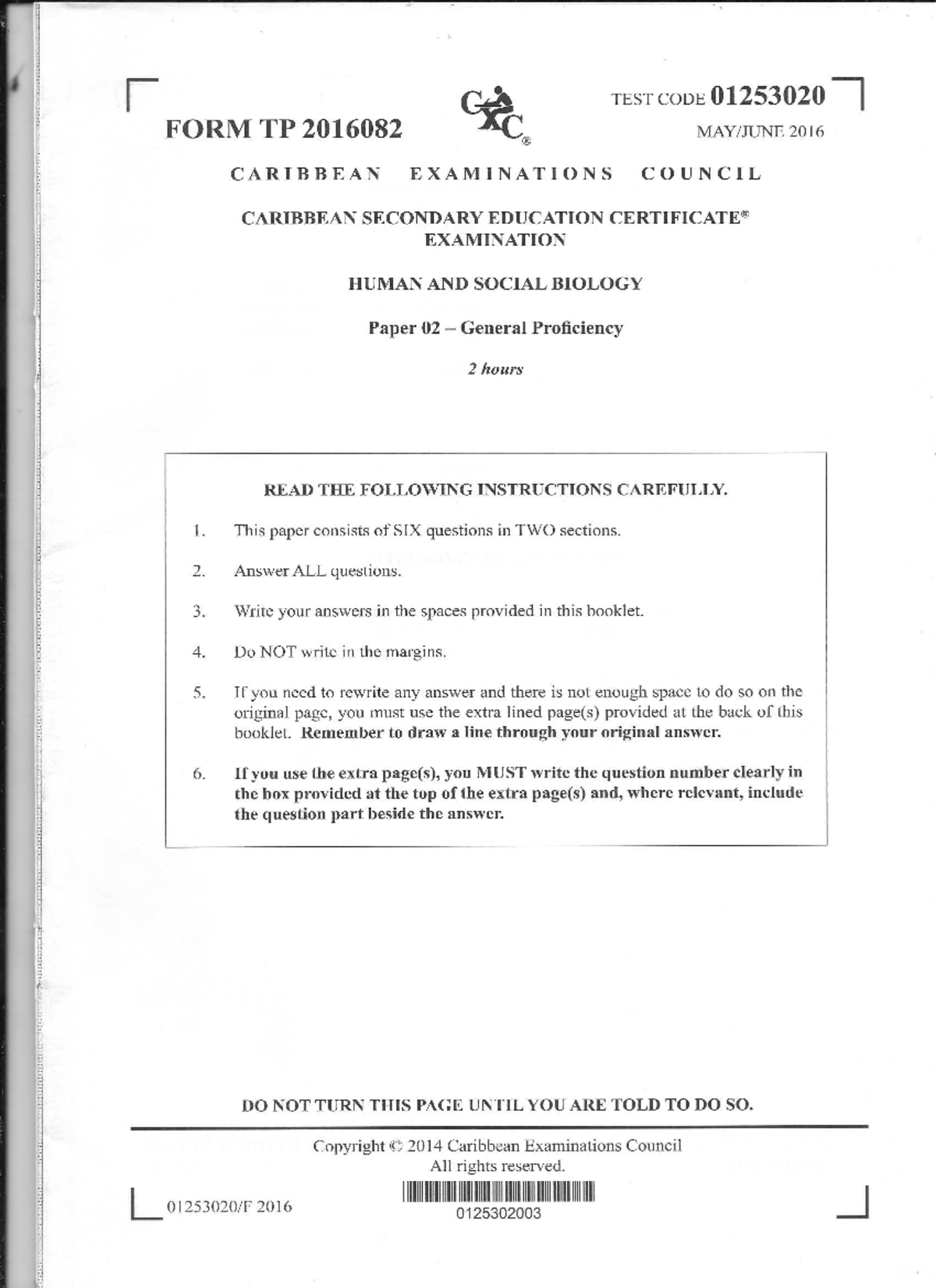 June 2016 CSEC Human & Social Biology Paper 02 Past Exam - Studocu