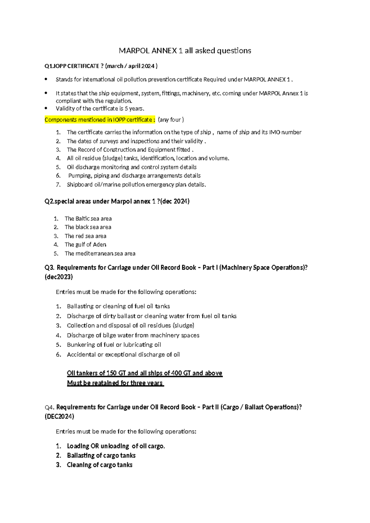MARPOL ANNEX 1: Key Q&A for IOPP Certificate & Oil Record Book - Studocu
