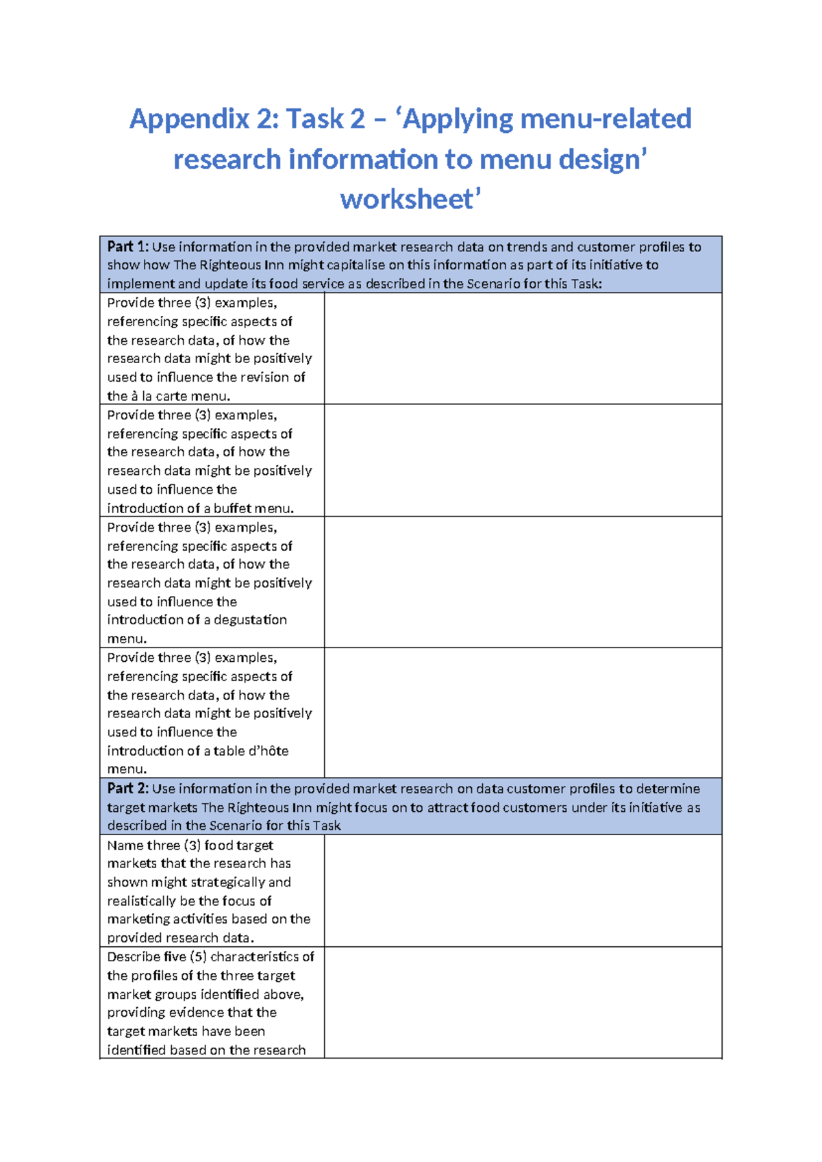 Sithkop 015 Project - Appendix 2 Task 2 Menu Design Worksheet - Studocu