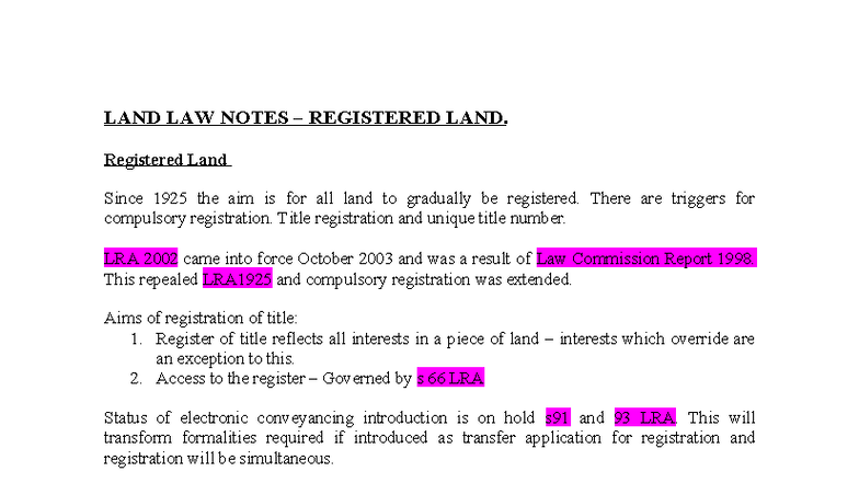 2017 LAND LAW Notes - Key Principles of Registered Land (LRA 2002 ...