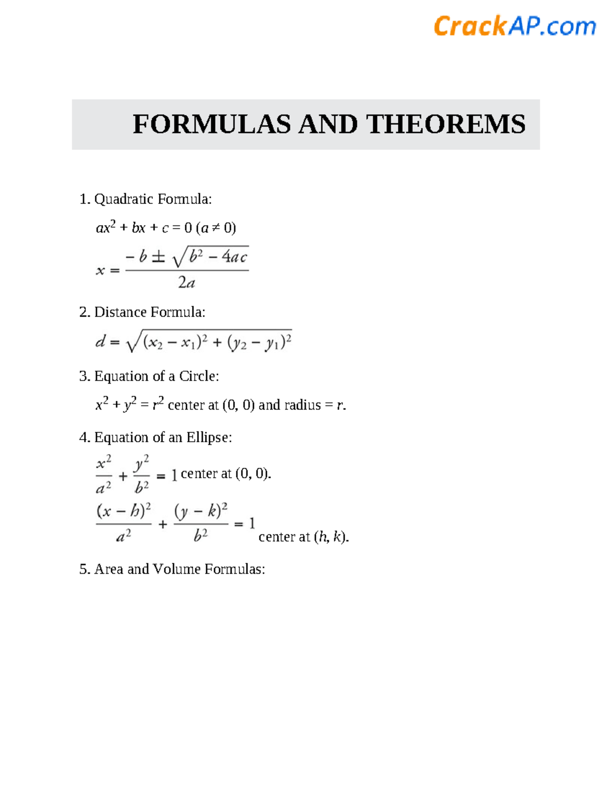 Calculus Formulas and Theorems: Essential Guide for MATH 101 - Studocu