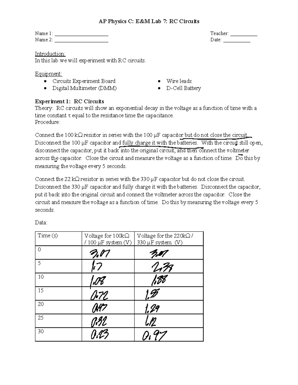Lab 7: Investigating RC Circuits - AP Physics C: E&M - Studocu