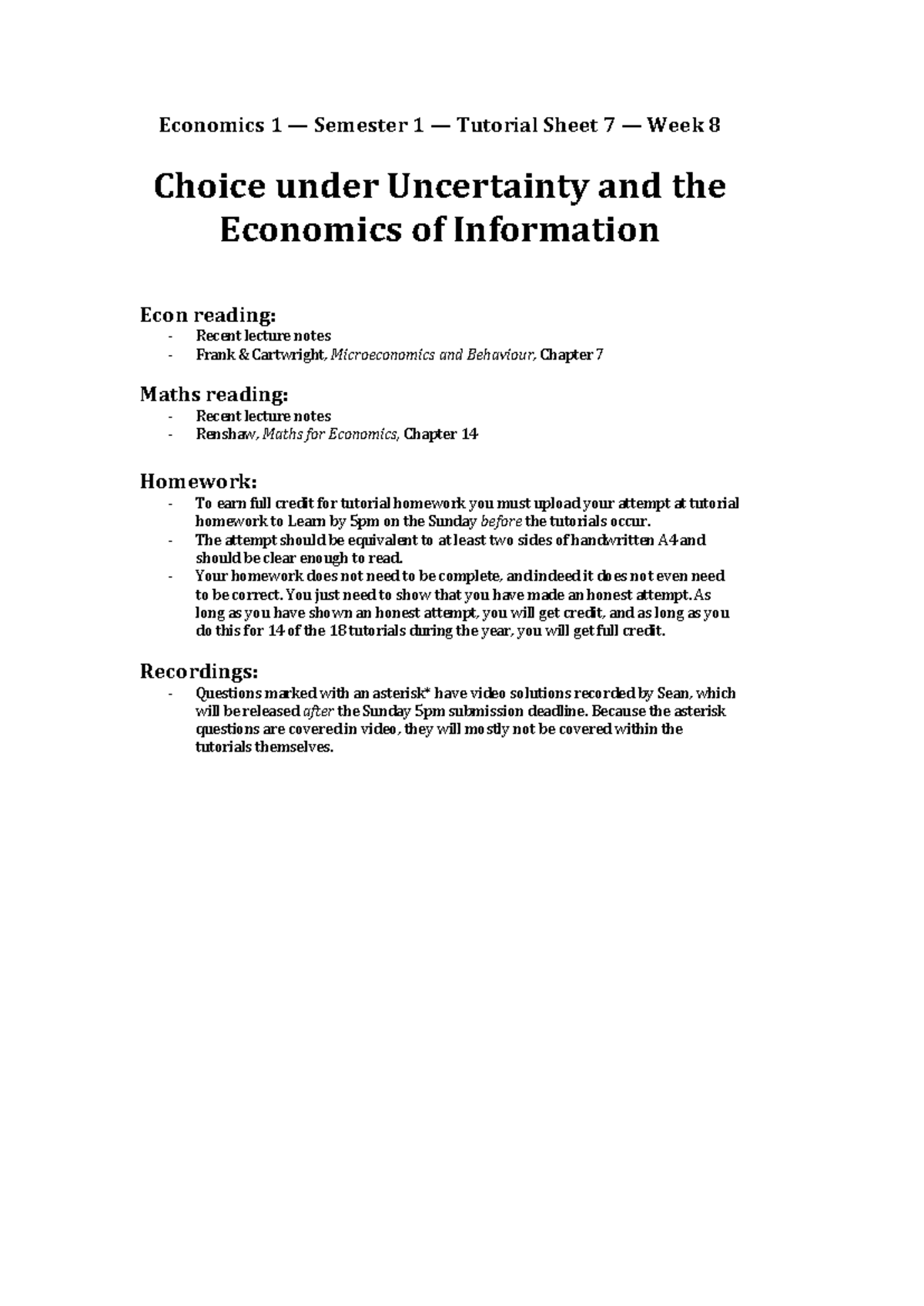 Econ 1 – S1 – W8 – Tutorial Sheet 7: Questions on Risk and Information ...