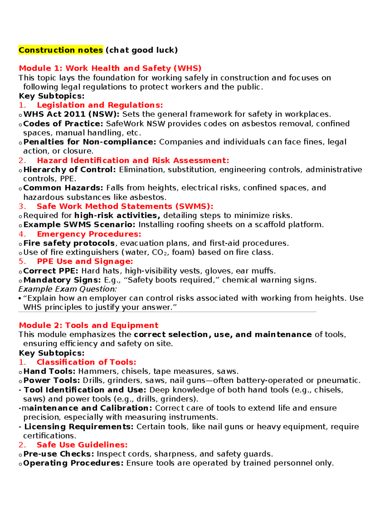 Construction Notes: WHS, Tools, Measurements & Plans Overview - Studocu