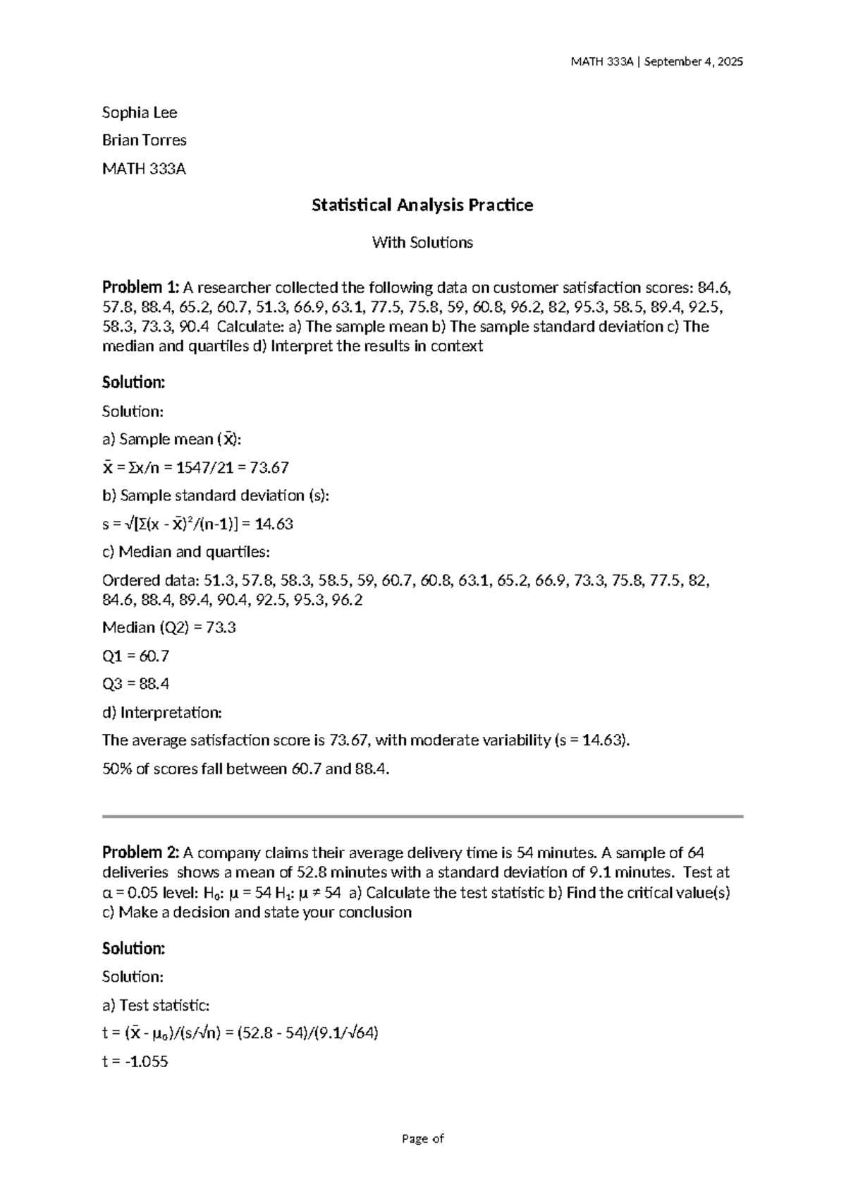 MATH 355 Statistical Analysis Practice Problems with Solutions - Studocu