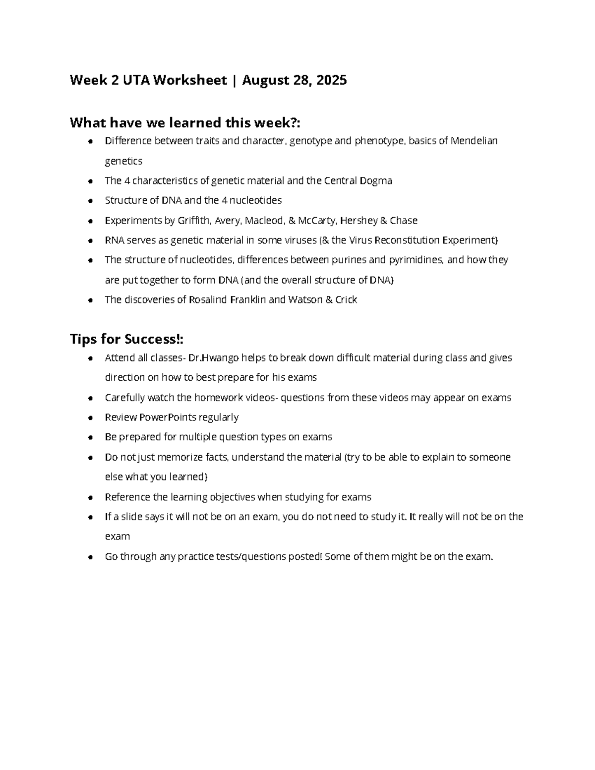 Genetics Worksheet UTA Week 2: Key Concepts & Tips for Success - Studocu