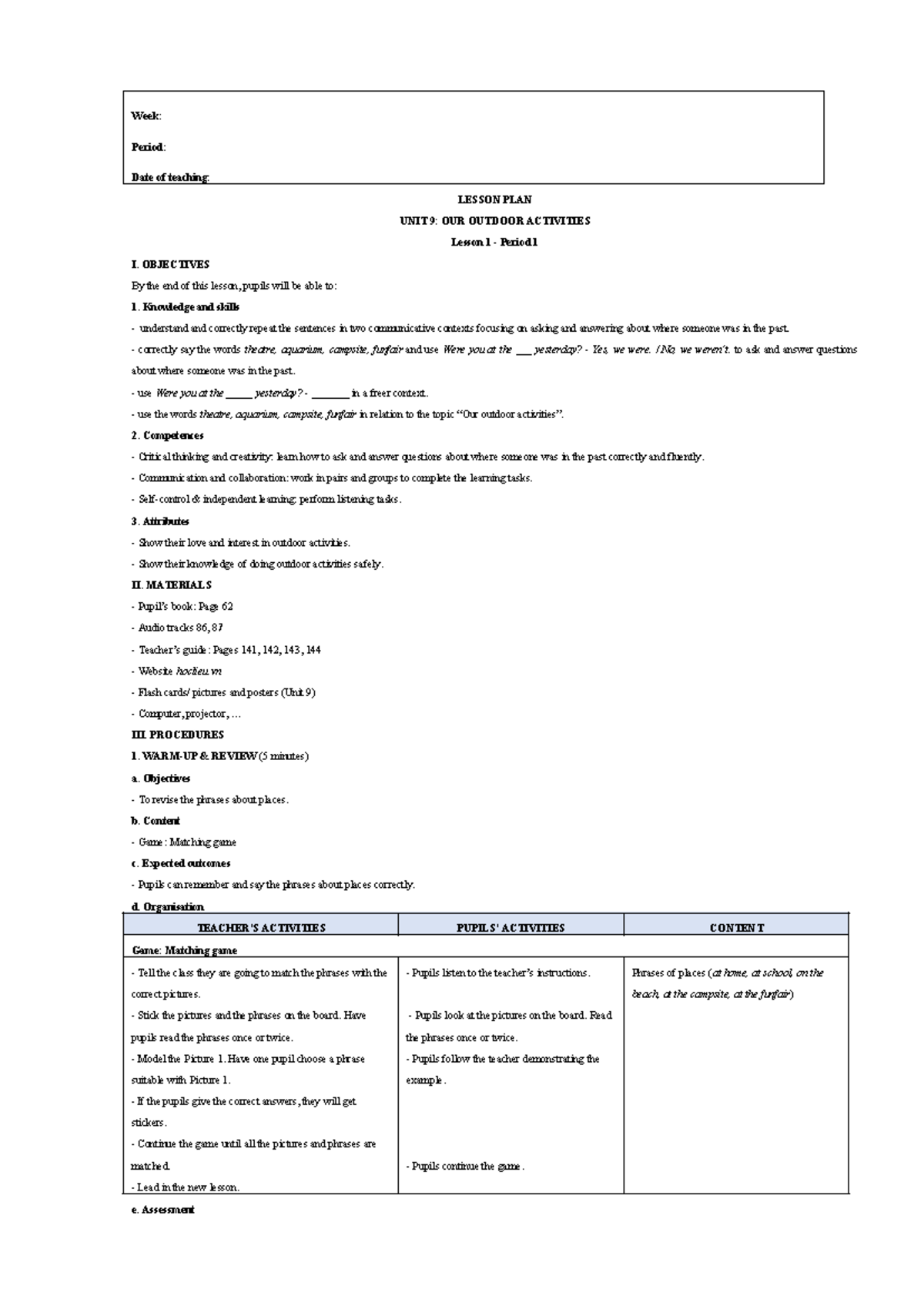 LESSON PLAN UNIT 9: OUR OUTDOOR ACTIVITIES (Grade 5) - Studocu