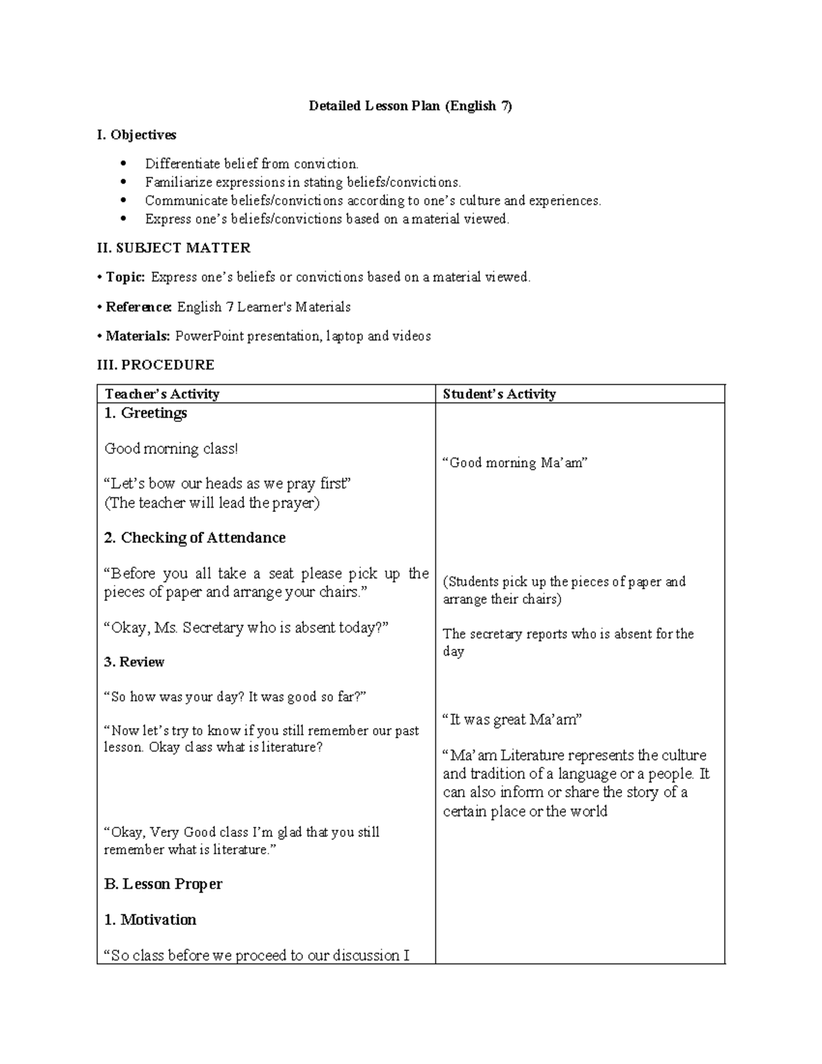 Detailed Lesson Plan on Beliefs and Convictions (English 7) - Studocu