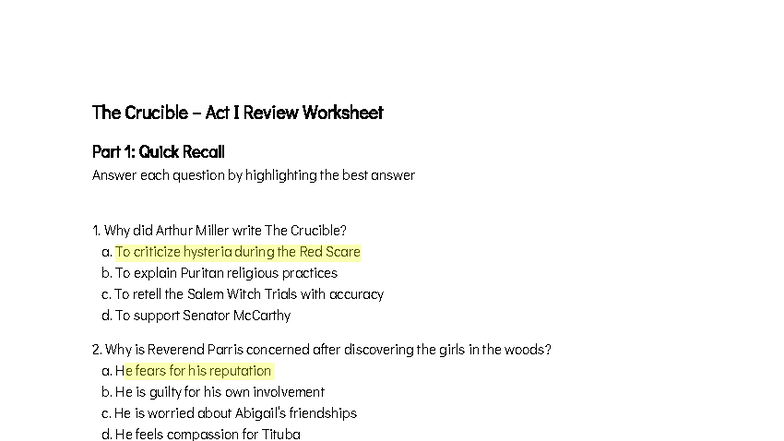 Crucible (ENG 101) Act I Review Worksheet & Analysis - Studocu