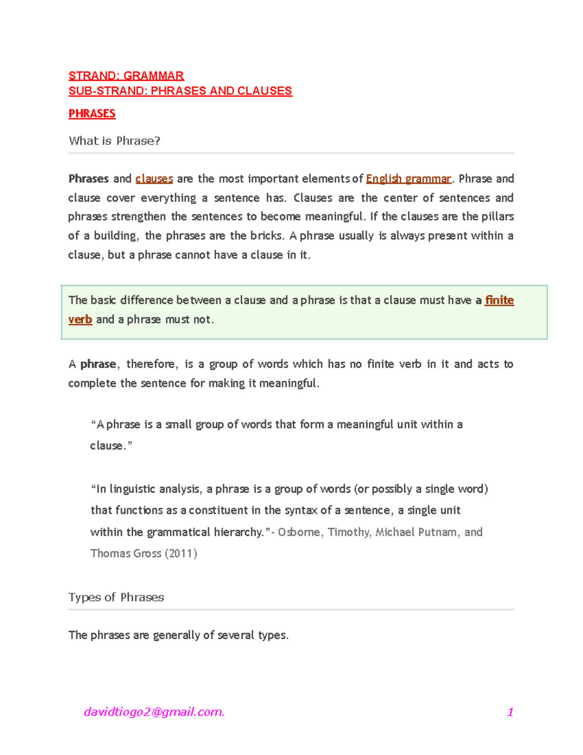 Grammar Study: Phrases and Clauses Overview (ENG 101) - Studocu