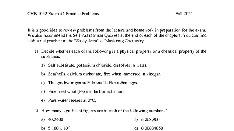 CHE 1052 Final Exam Practice Problems Fall 2024 - Studocu