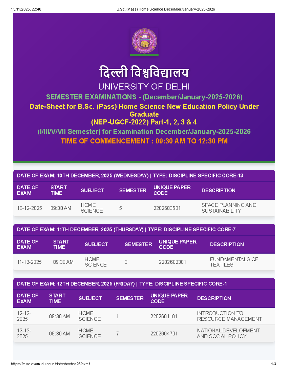 B.Sc. (Pass) Home Science Exam Schedule - Dec 2025 - Studocu