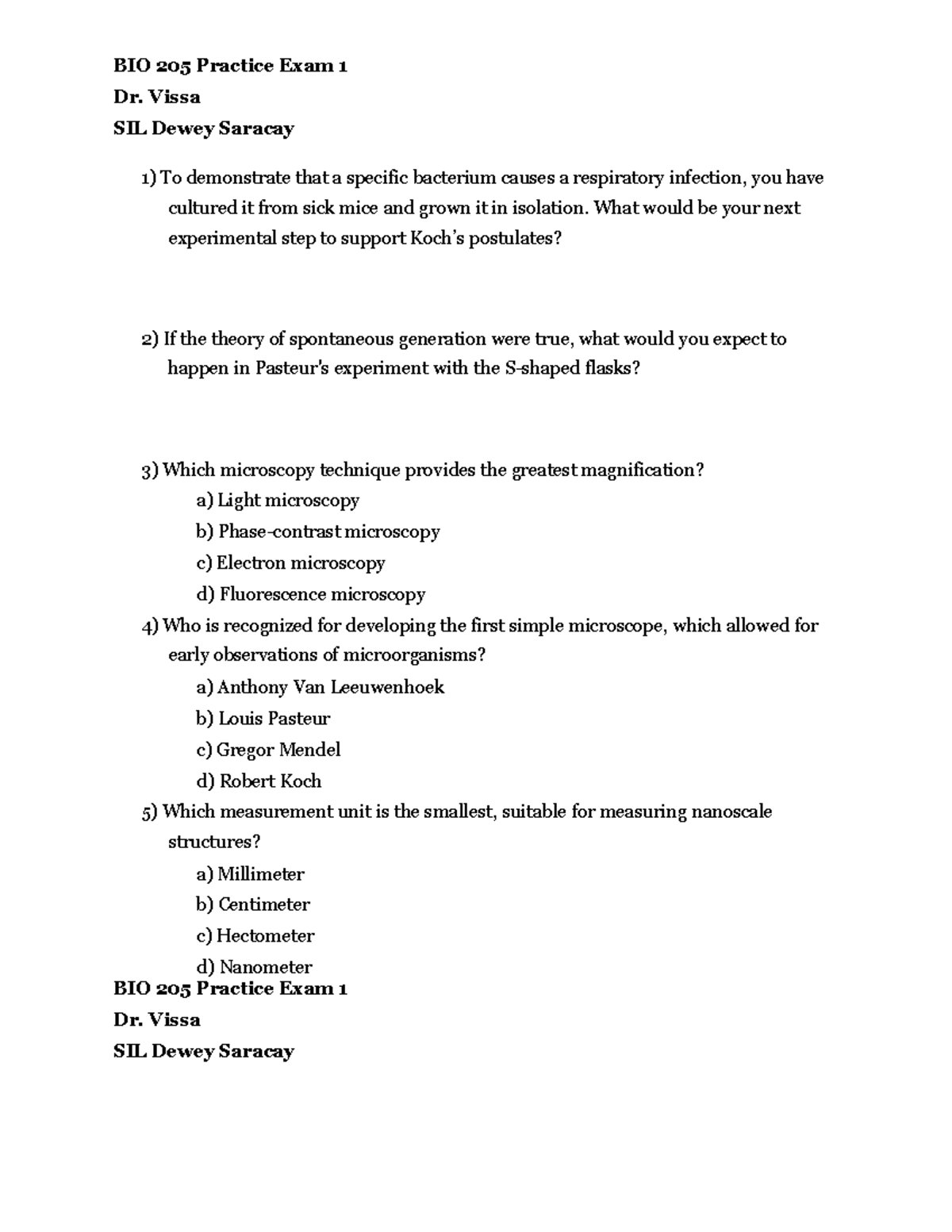 BIO 205 Practice Exam 1 - Dr. Vissa - SIL Dewey Saracay - BIO 205 ...