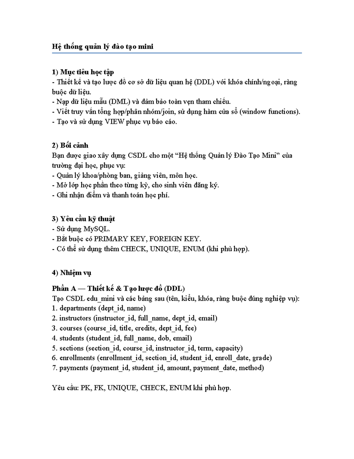 Bài Tập SQL: Thiết Kế CSDL Quản Lý Đào Tạo (Mini Project) - Studocu