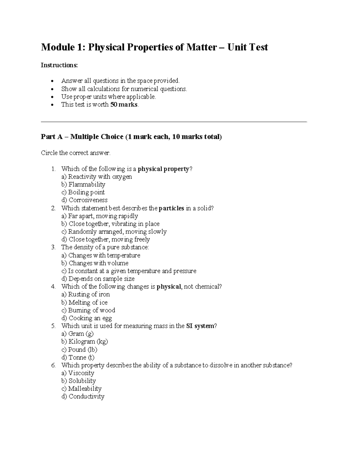 Grade 11 Chemistry: Module 1 Physical Properties of Matter Unit Test ...