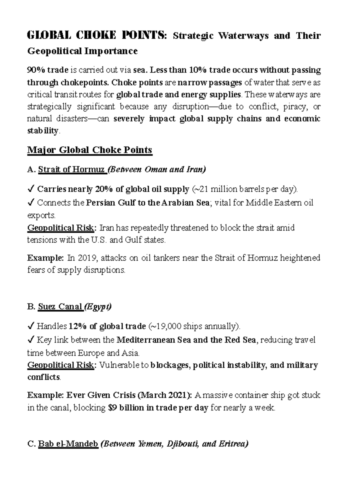 Global Choke Points: Strategic Waterways & Geopolitical Risks - Studocu