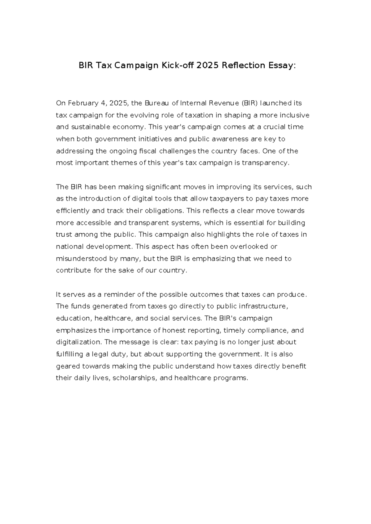 BIR Tax Campaign 2025 Reflection Essay: Insights and Impacts - Studocu