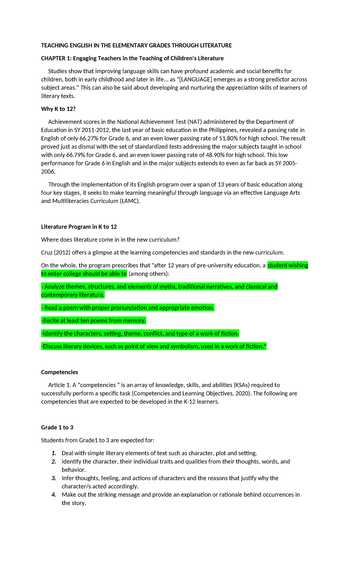 K12 ED 101: Lessons 1-4 on Teaching Literature in Elementary Grades ...