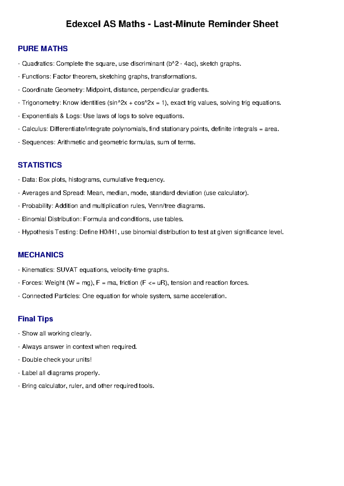 AS Maths Last Minute Reminder Sheet: Key Concepts & Tips - Studocu