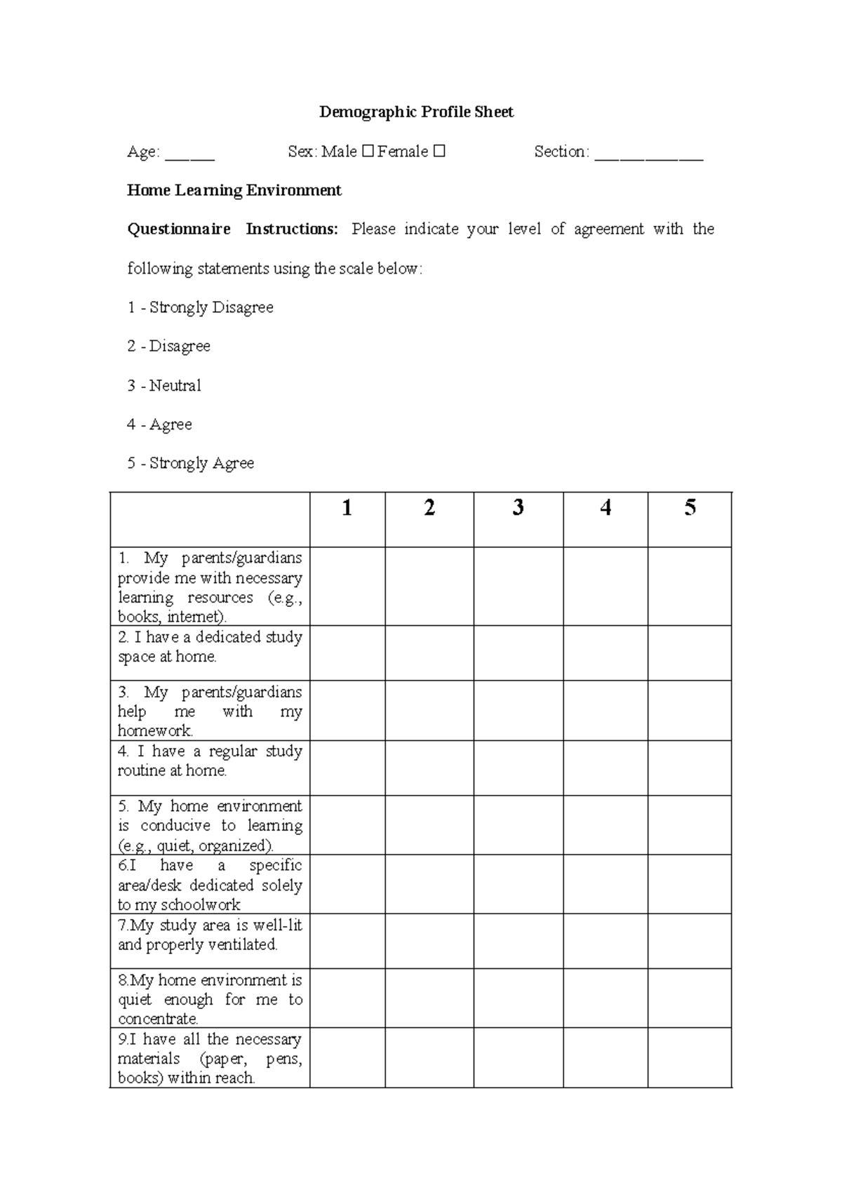 Demographic Profile Sheet: Home Learning Environment Survey - Studocu
