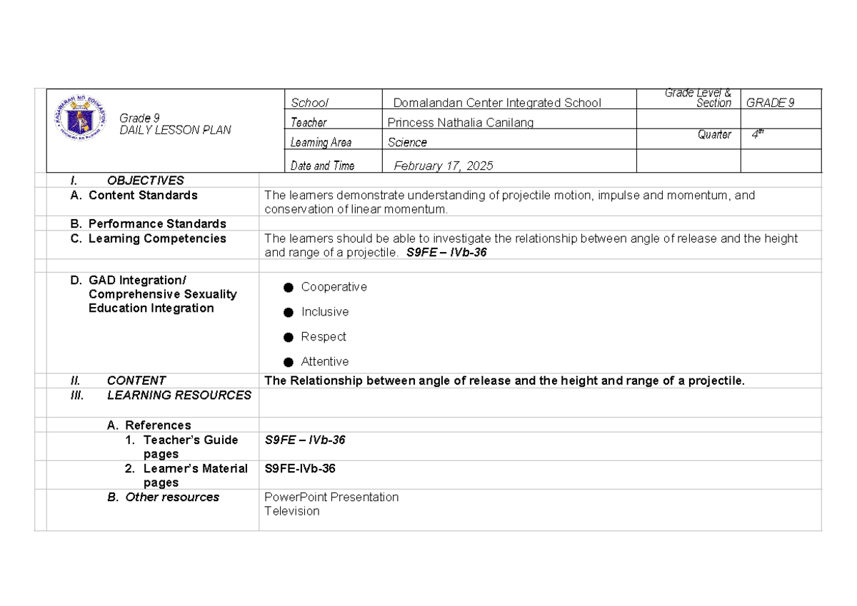 Grade 9 Science Lesson Plan: Angle of Release & Projectile Motion (02 ...