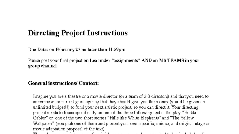 Directing Project Guidelines for 200 Winter 2025: Creative Vision ...