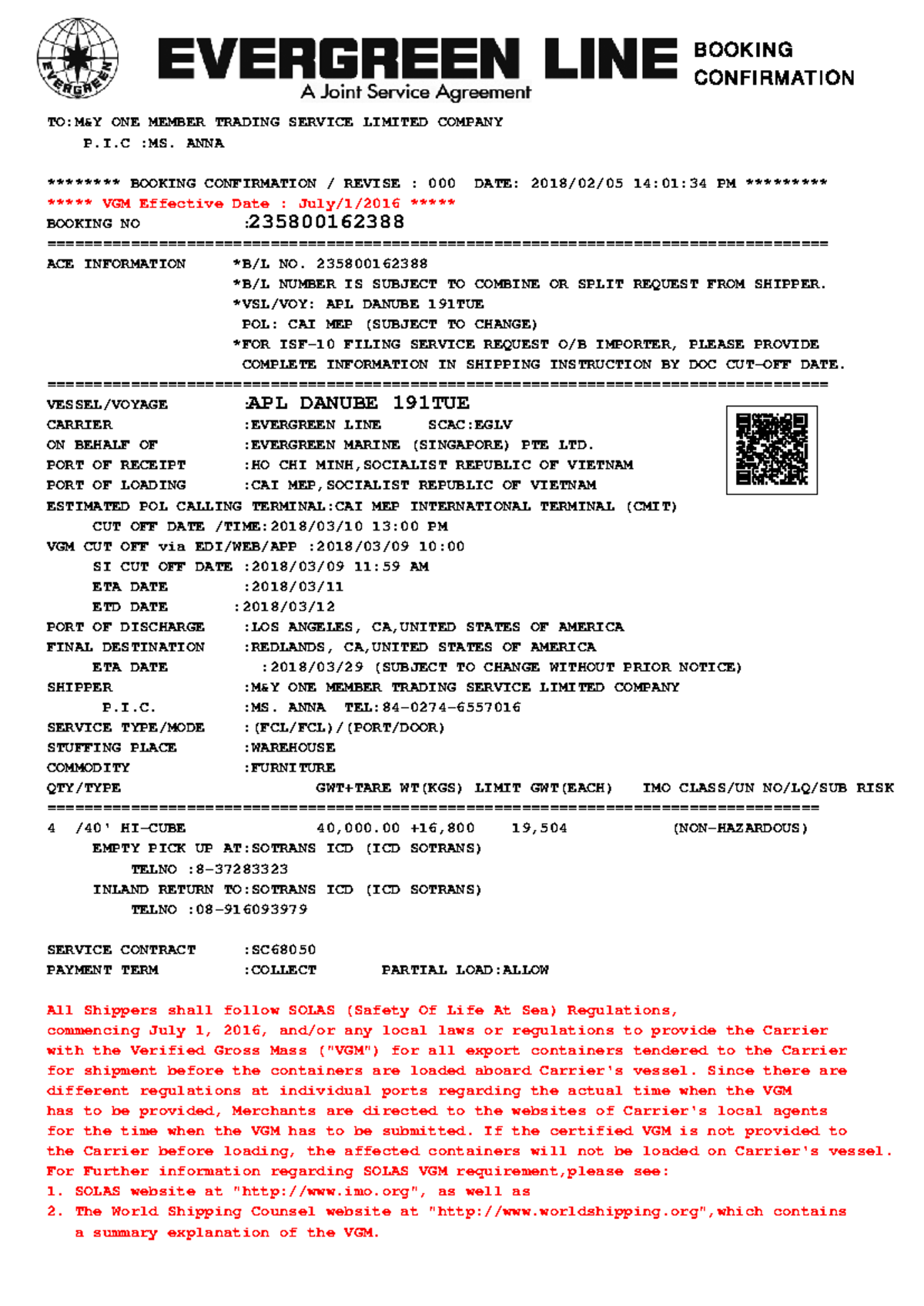 Booking Confirmation for Evergreen Line - One Member Trading Service ...