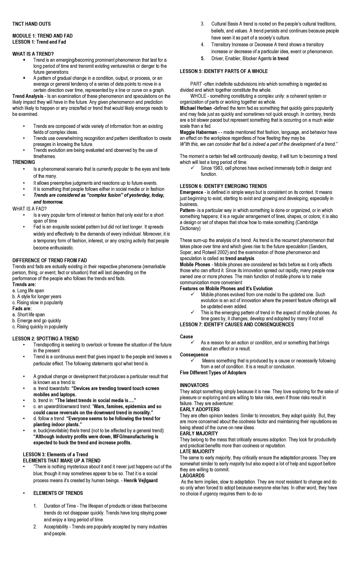 TNCT Module 1: Trends, Fads, and Their Impact - Study Notes - Studeersnel