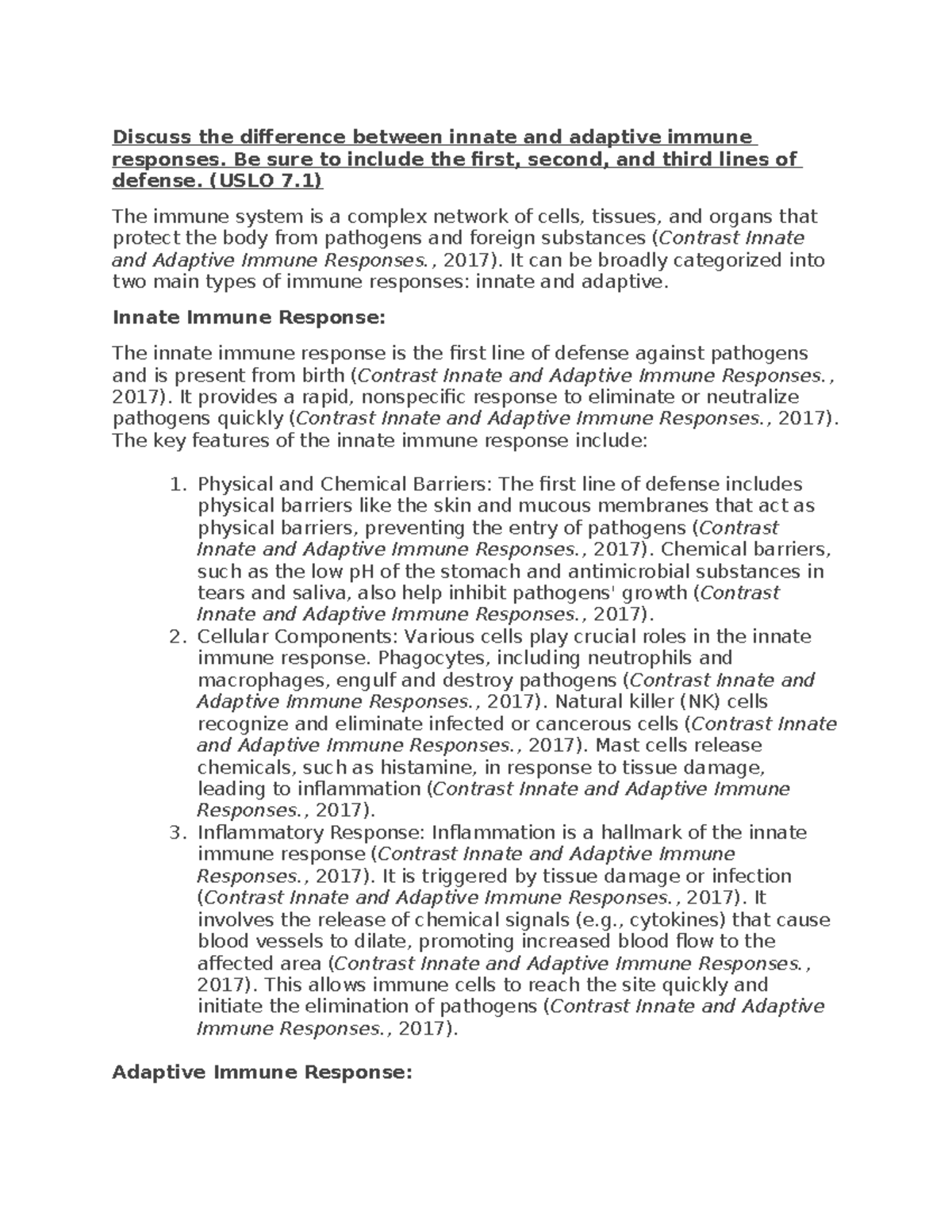 BIOL 2100 Week 7 Discussion: Innate vs. Adaptive Immune Responses - Studocu