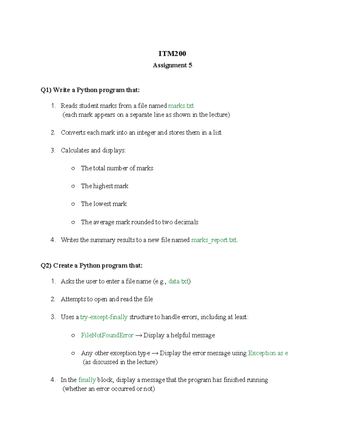 ITM200 Assignment 5: Python Program for Student Marks Analysis - Studocu