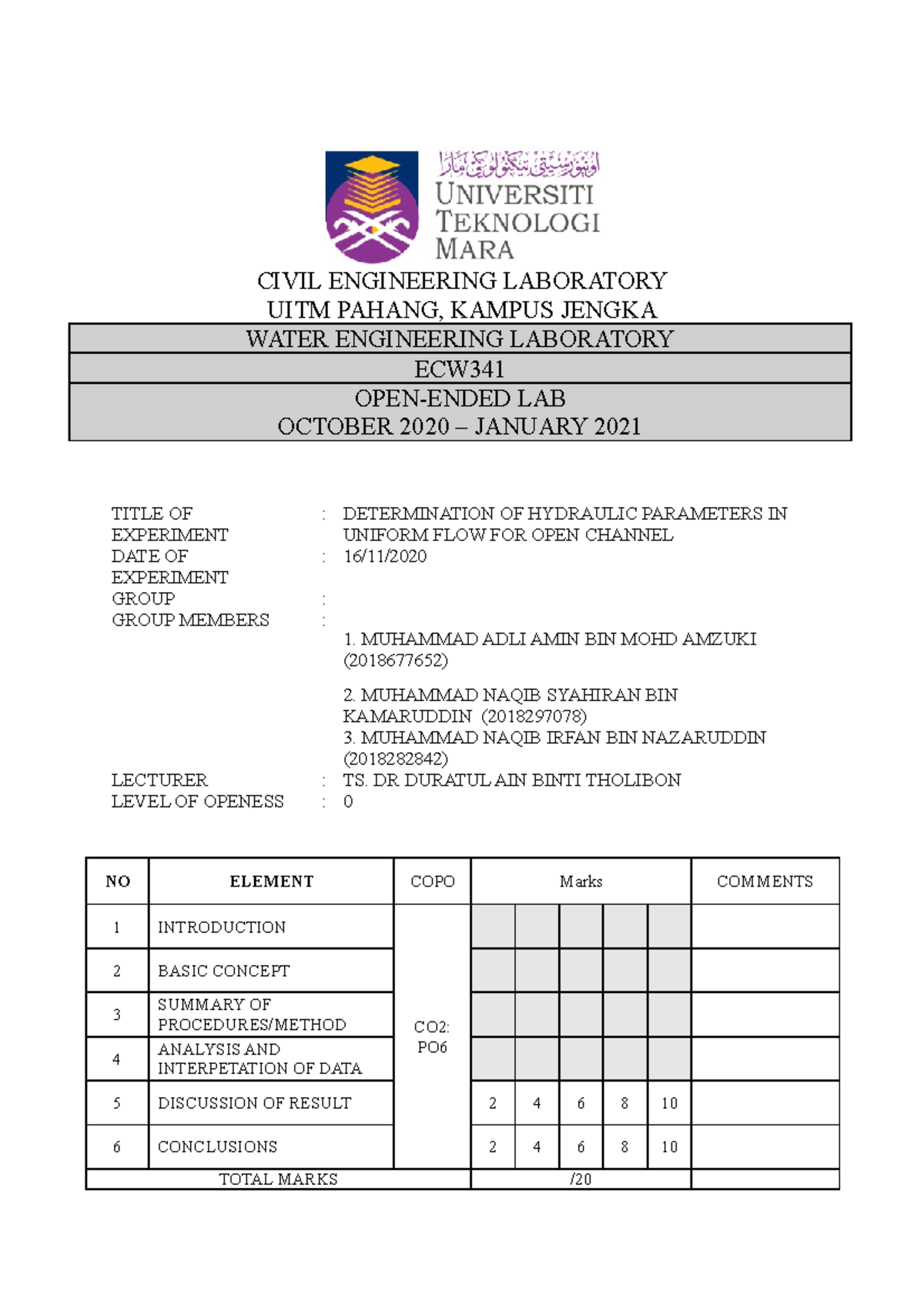 Determination of Hydraulic Parameters in Open Channel Flow (ECW) - Studocu