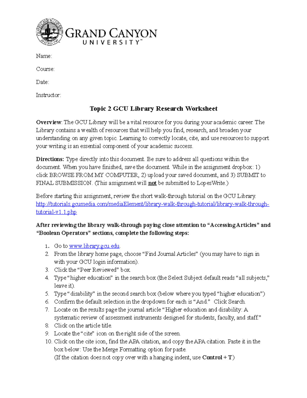 GCU Library Research Worksheet: Navigating Academic Resources - Studocu
