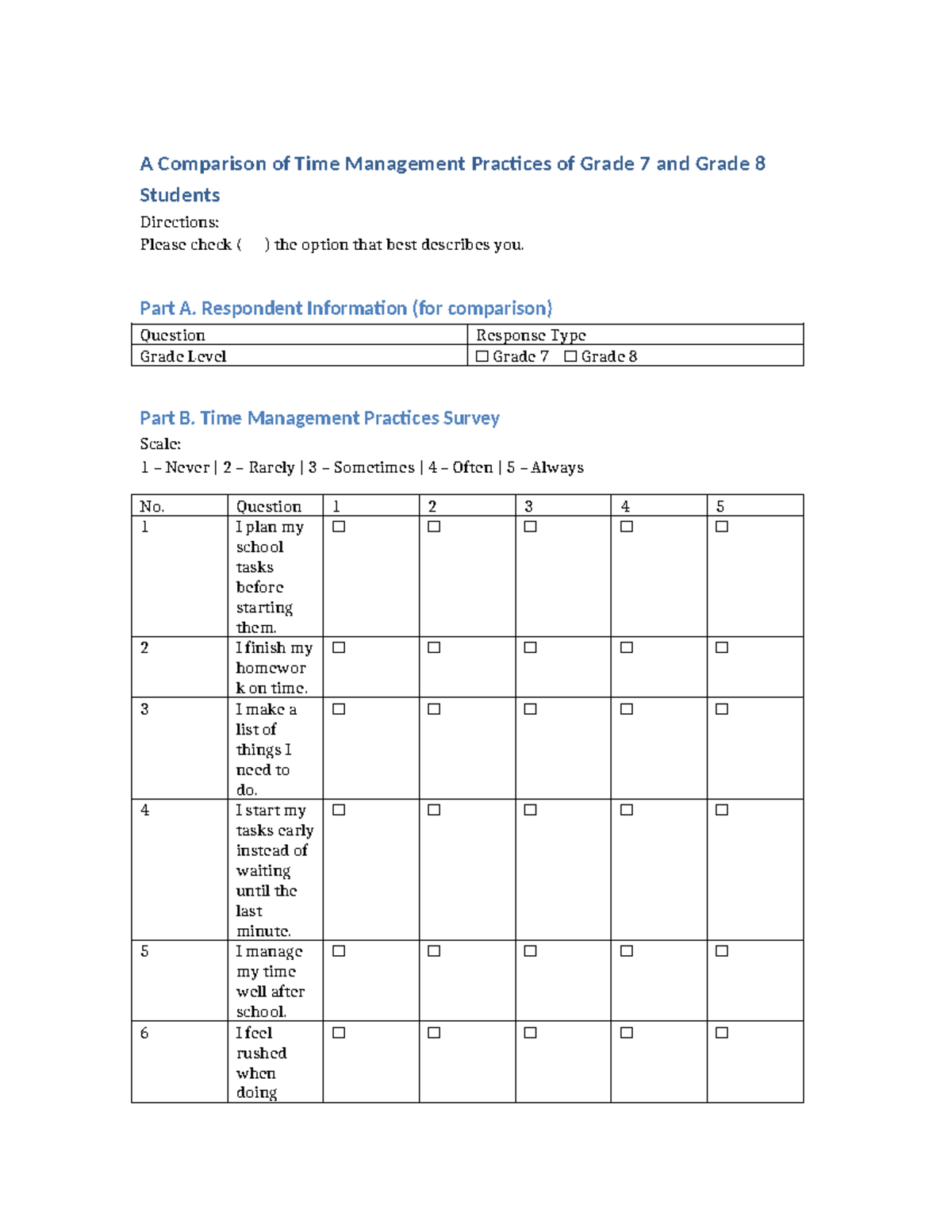 Time Management Practices Survey: Grade 7 vs Grade 8 Comparison - Studocu