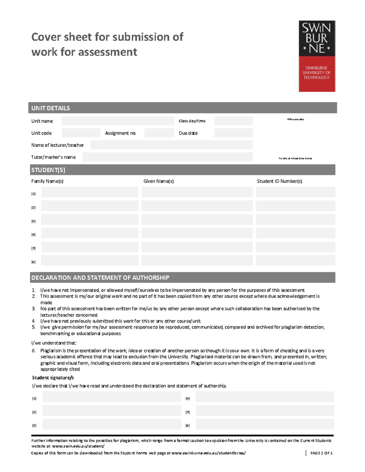 Cover Sheet for Assessment Submission - UNIT DETAILS & Declaration ...