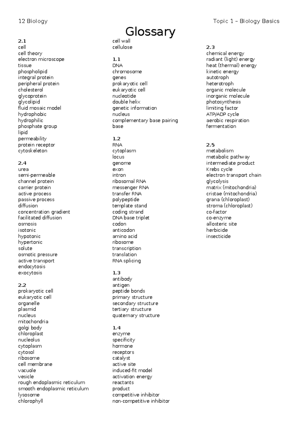 Biology 12: Glossary of Key Terms and Concepts - Studocu