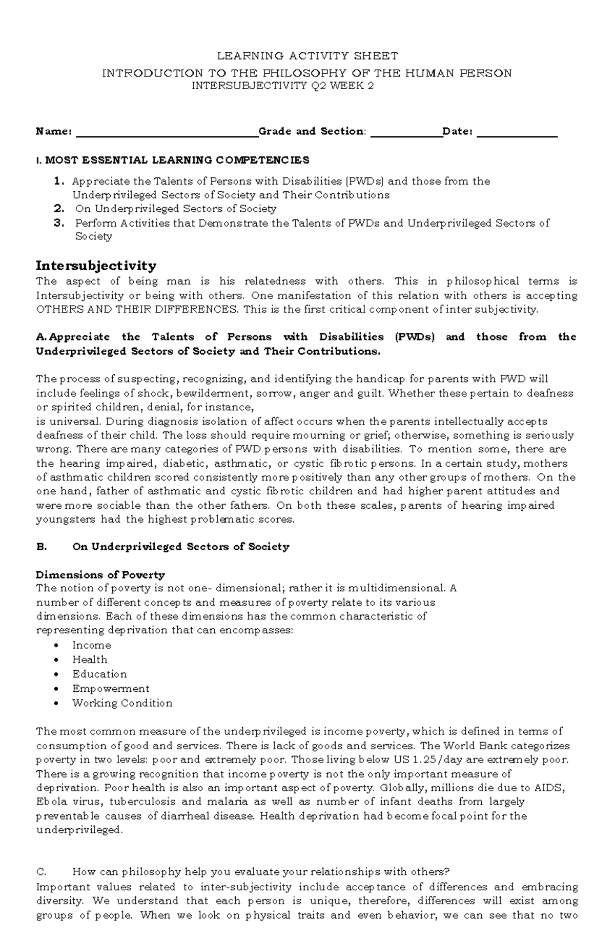 Intro to Philosophy Q2 Week 2 Learning Activity Sheet on ...