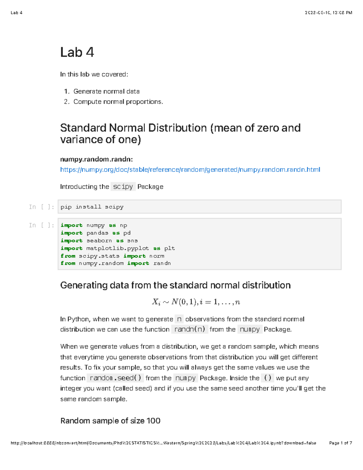 Lab 4: Generating and Analyzing Normal Distributions in Python - Studocu