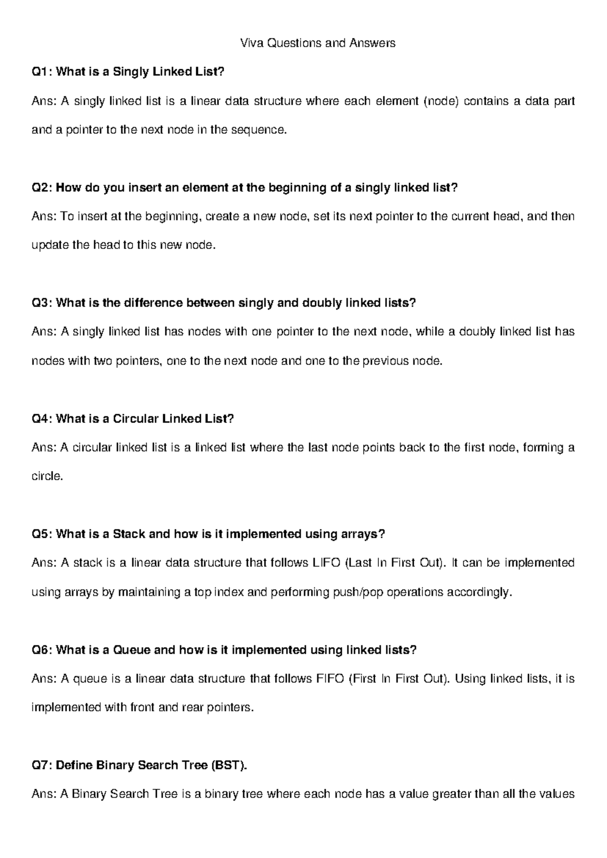 Data Structures Viva Questions & Answers (DS101) - Studocu