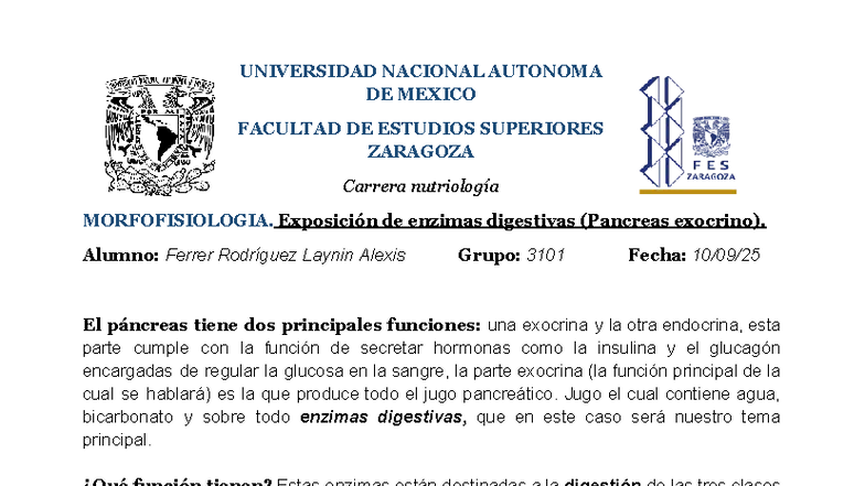 MORFOFISIOLOGIA: Enzimas Digestivas del Páncreas Exocrino - Studocu
