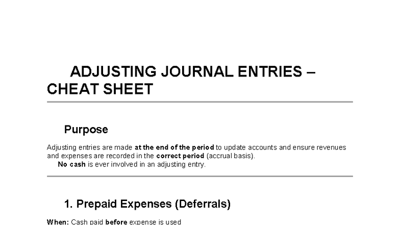 Adjusting Journal Entries Cheat Sheet for Accounting 101 - Studocu