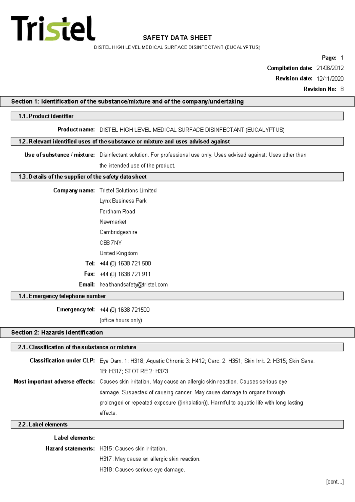 SDS Summary: Distel High Level Medical Surface Disinfectant (EUC) - Studocu