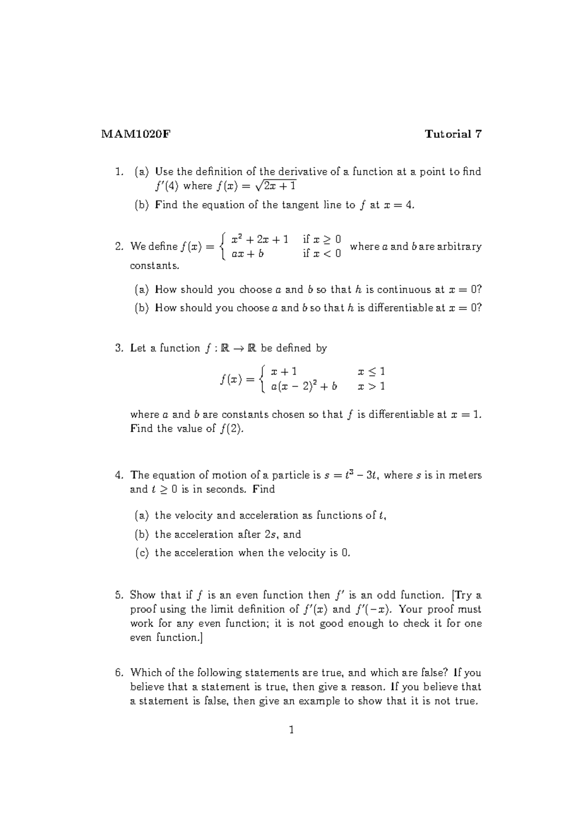 MAM1020F Tutorial 7 - Derivatives, continuity, and motion analysis - Studocu