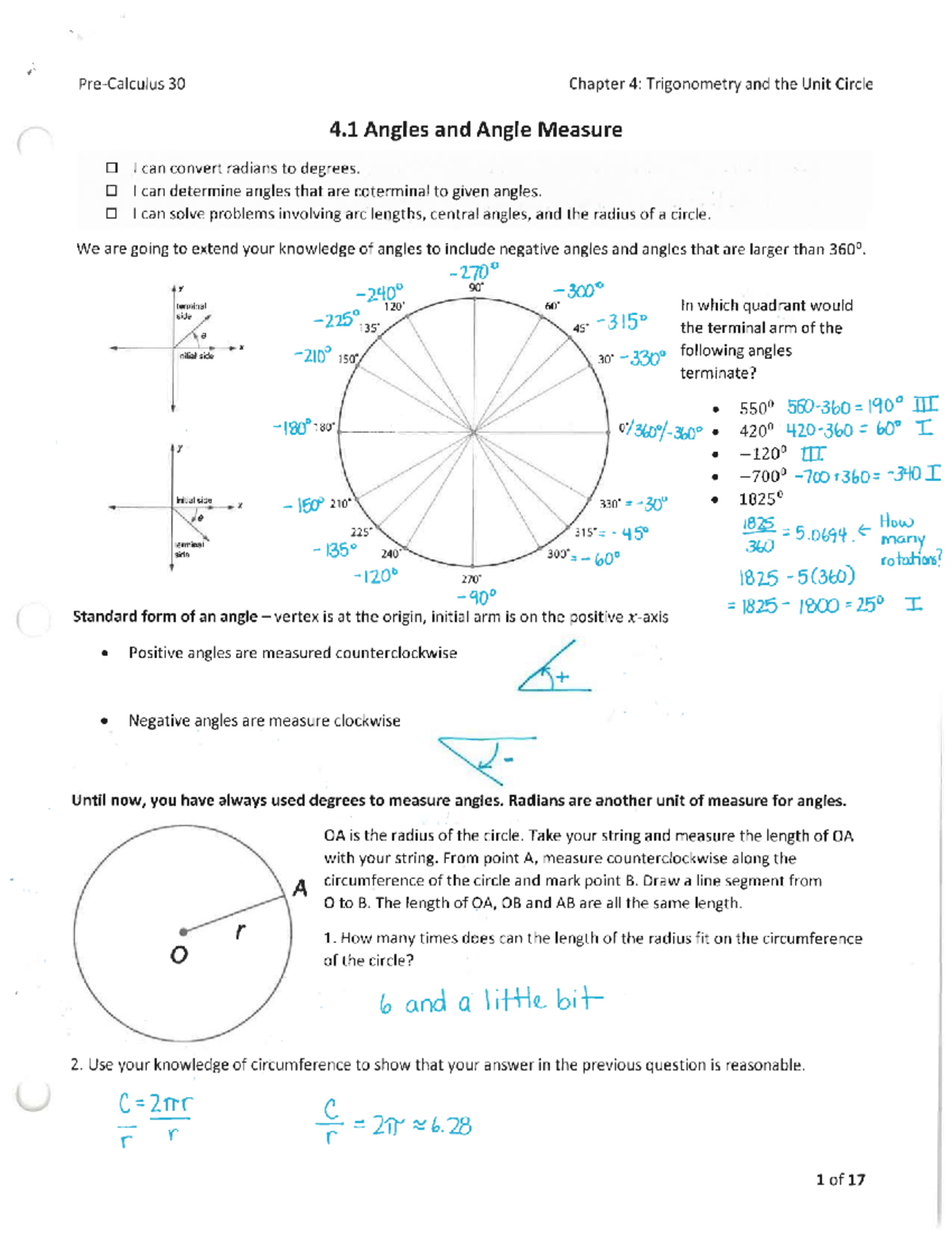 30 Trigonometry & Unit Circle: Chapter 4.1 Teacher Notes - Studocu