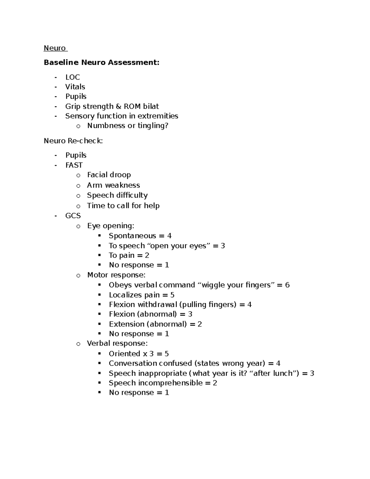 Neuro - Assessment Notes: LOC, Vitals, ICP, and GCS Overview - Studocu